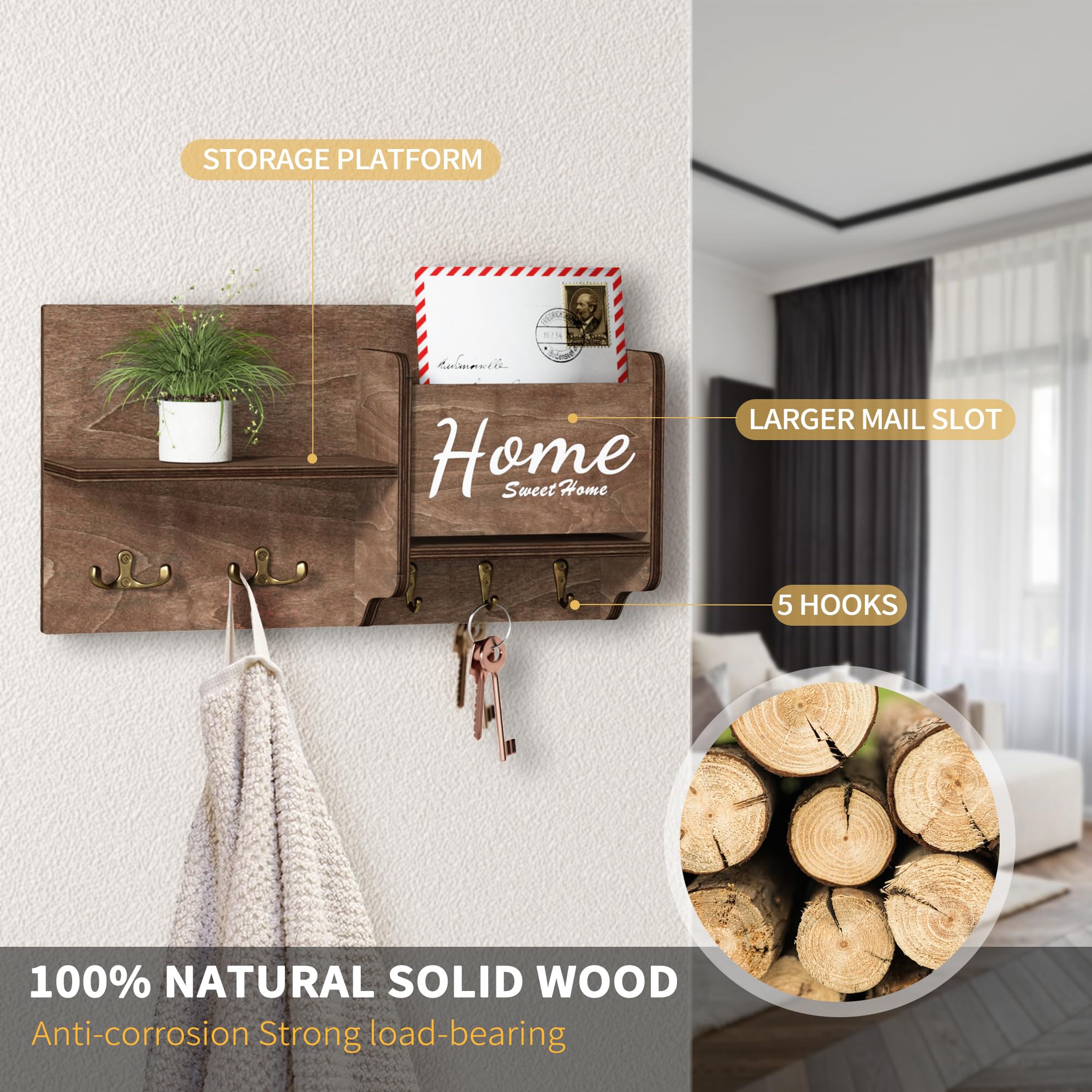 GiftMust Wall Mounted Key Holder Organizer with Storage, DIY Assembling Decorative Wall Mounting shelf with Key Hangers for Home, Kitchen, Bathroom, Bedroom, Living Room, Dining Room, Entryway