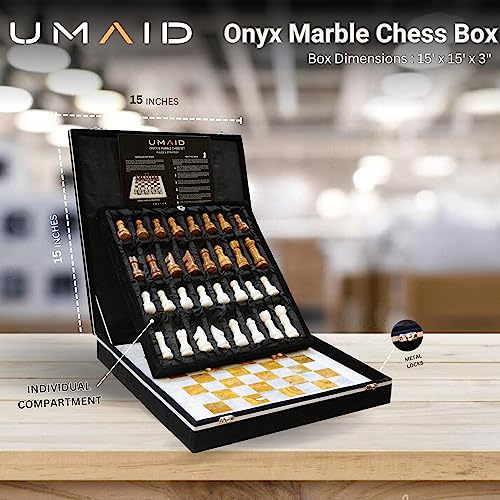UMAID Handmade Marble Chess Set Board Game with Luxury Velvet Gift Box, 14β White & Brown Elegant Onyx Marble Chess Board, Unique Chess Sets for Adults and Modern Marble Home Decor