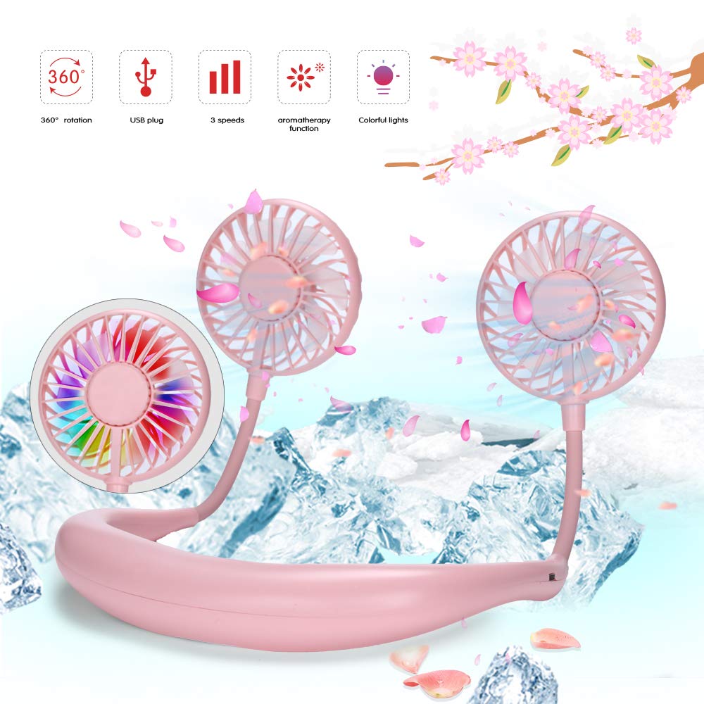 Dongsui Hand Free Neck Fan LED Lights USB Rechargeable for Outdoor Travel Office (Pink)