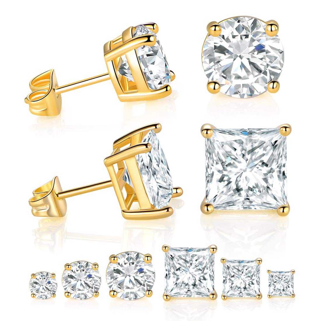 DwearBeauty 6 Pairs Gold Plated Cubic Zirconia Earrings Pack,Round Cut and Princess Cut Earrings for Men and Women