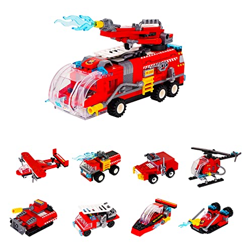 Geniteen 8 in 1 City Fire Truck Building Block, 313 PCS Building Kit Fire Helicopter Toys Building Sets