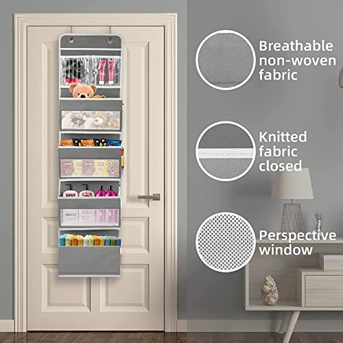 SHALORY 2 Pack Over The Door Hanging Organizer, Wall Mount Storage Hanging Organizer with 4 Large Capacity Pockets and PVC Pockets for Storage Cosmetics, Toys, and Sundries, etc(Grey)