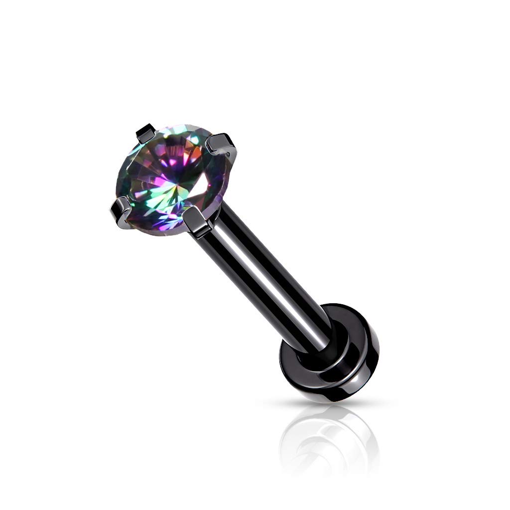 Dynamique CZ Prong Set Top Internally Threaded PVD Over Micro Base 316L Surgical Steel Labret, Flat Back Studs For Lip, Chin And Nose (Sold Per Piece)