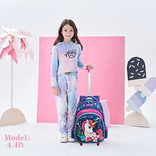 Meetbelify Girls Unicorn Rolling Backpacks Kids Backpack with Wheels for Girls School Bags with Lunch Box