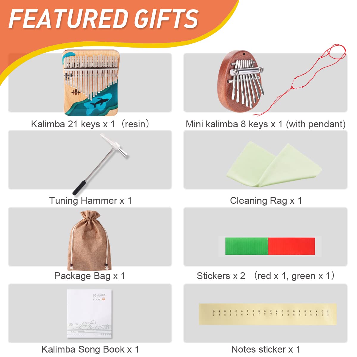 Genround Resin Kalimba Thumb Piano & Finger Instrument Set, 21 Keys & 8 Keys Piano with Beginner's Study Instruction, Portable Finger Piano Gift for Kids and Adults, Includes Tuning Hammer