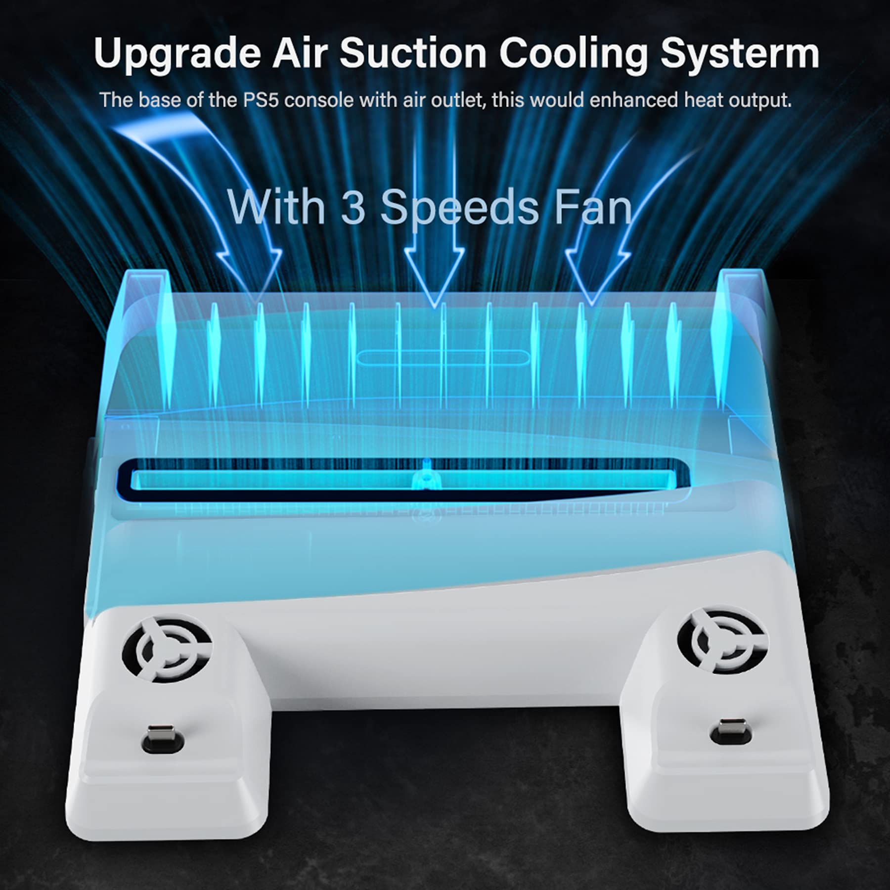 DOBE-TP5-0593 PS5 Stand with Suction Cooling Fan and Dual Controller Charger Station for Playstation 5 PS5 cooling fan stand + CD storage rack + handle dual charging for PS5 DE/UHD (white)