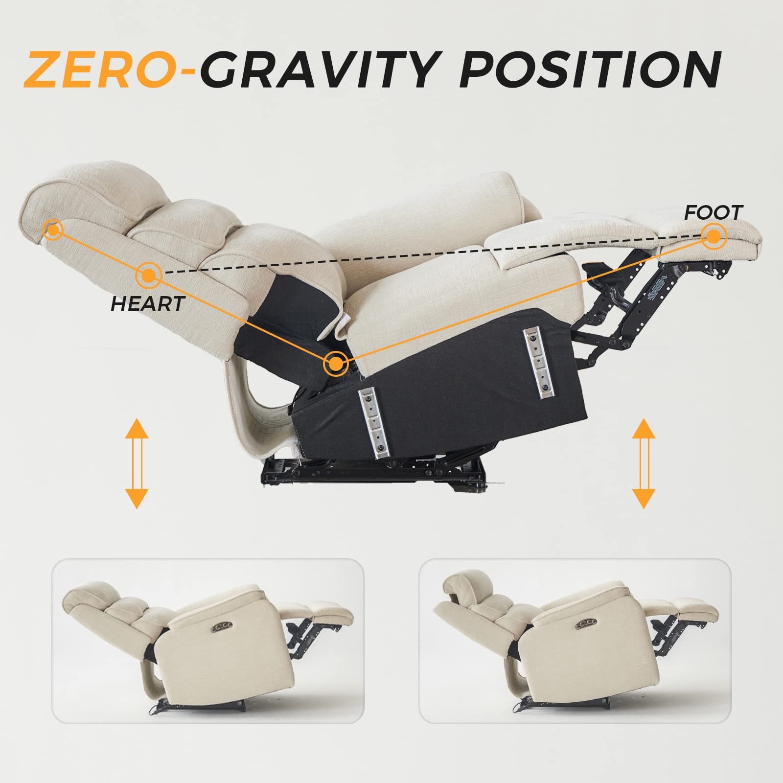 Creatuis J&L Electric Recliner Zero Gravity Recliner Chair with Power Adjustable Headrest Sofa with USB Charging Port Chenille Recliner Living Room Bed Room(Beige)