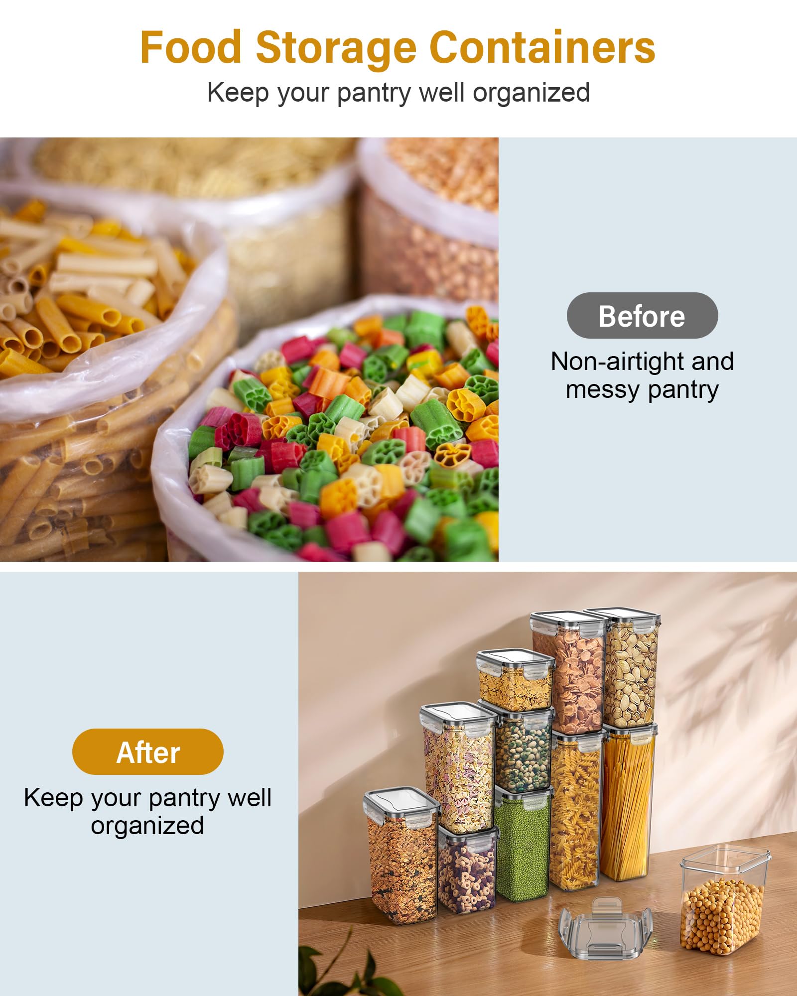 LUSCREAL Airtight Food Containers with Lids, 12 PCS Clear Organizing Containers Kitchen Canisters, Plastic Kitchen Organizers and Storage for Dry Food, Flour and Sugar,Include 20 Labels and 5 Spoons