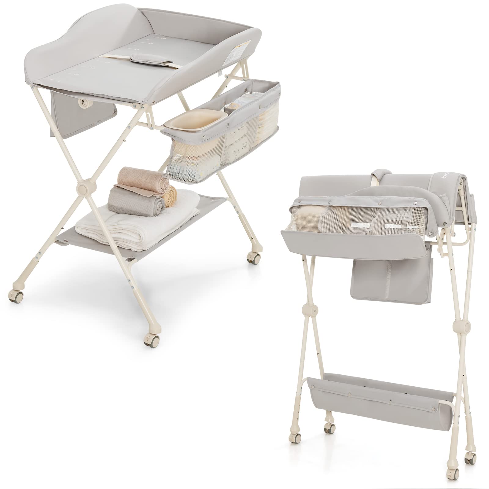 GLACER Foldable Diaper Changing Station, Height Adjustable Changing Table with Storage, Removable & Lockable Wheels, Safety Belt, Water Basin, Mobile Nursery Organizer for Baby Infant Newborn (Gray)