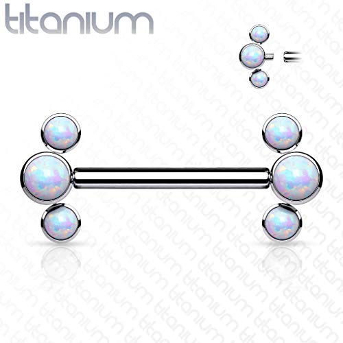Dynamique Implant Grade Titanium Nipple Barbells With Internally Threaded 3-Round Opal Bezel Set Ends (Sold Per Pair Or Per Piece)