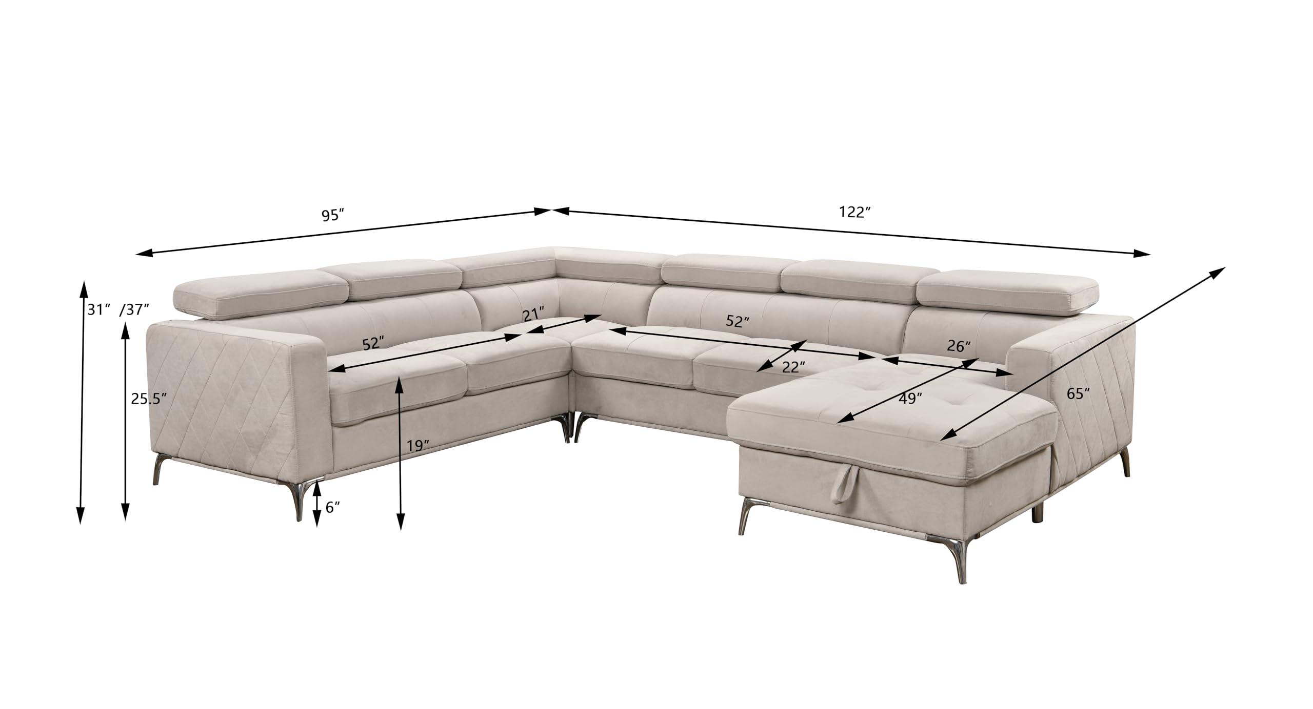LUSPAZ 105 Inch Convertible L-Shape Sectional Sofa for Living Room, Apartment, 4 Seater Reversible Corner Modular Sleeper Couch Bed with Storage Chaise and 2 Stools for Large Speaces, Charcoal Gray