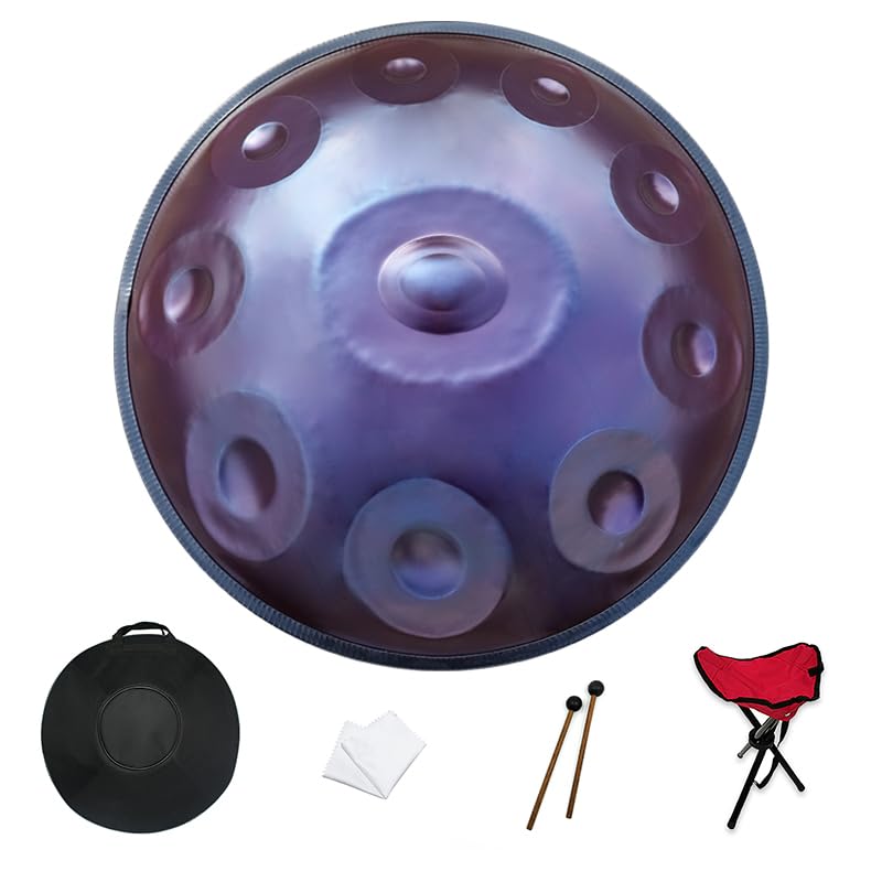 GLADFRESIT 440hz Handpan Drum 10 notes 22inch "Purple Performer" in D Kurd Minor with handpan stand, handpan case, durable mallets and dust-free cloth