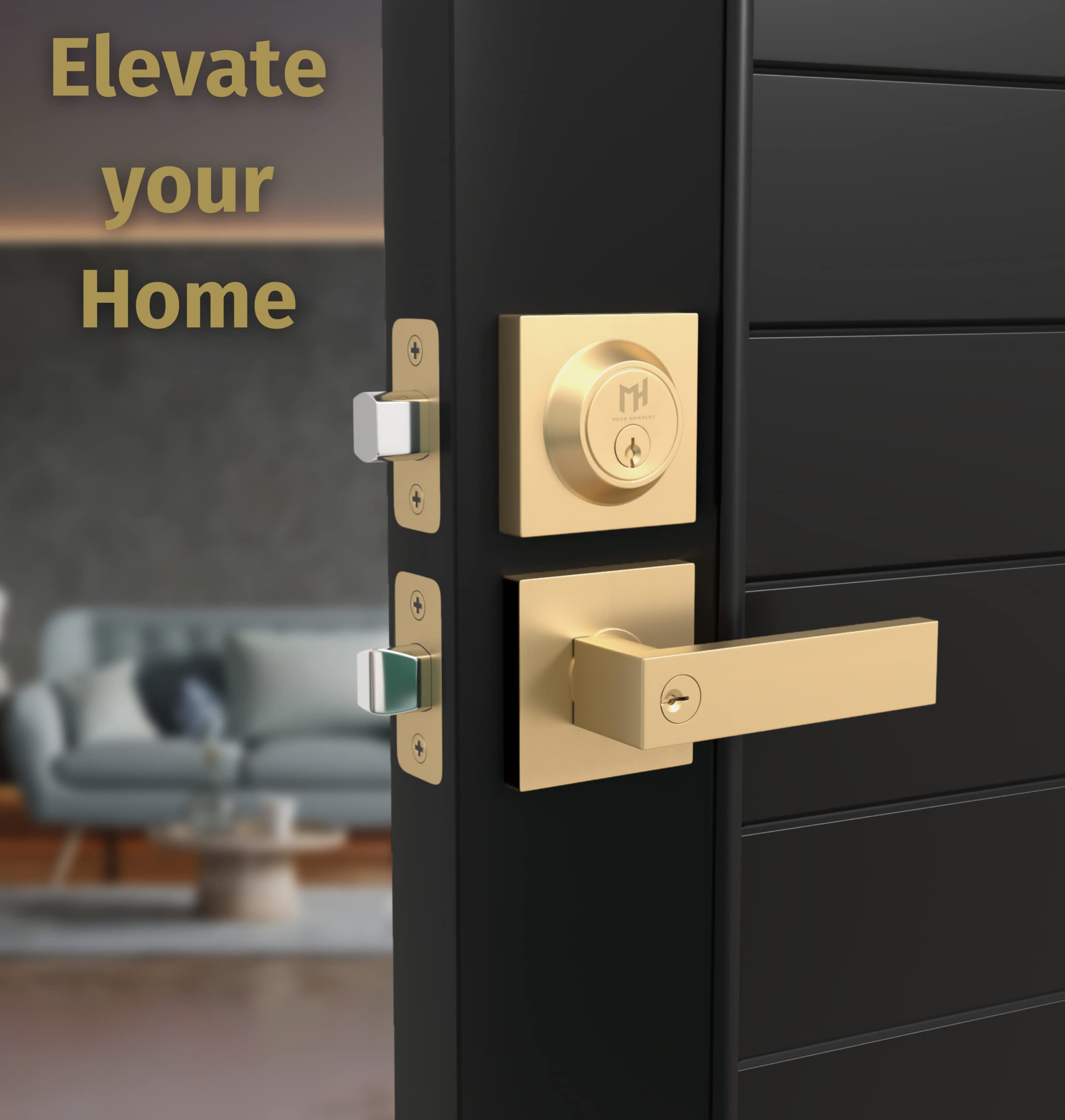 Mega Handles Entry Combo I Entry Lever Door Handle and Single Cylinder Deadbolt Lock and Key Combo Pack - Heavy Duty Square Locking Lever Set for Left or Right-Handed Doors - Satin Brass