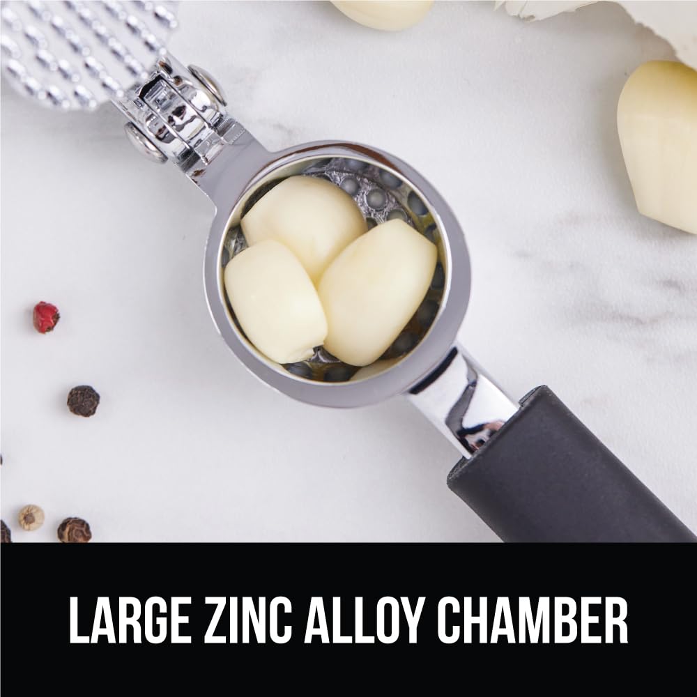 Gorilla Grip Garlic Press and Peel Set, Heavy Duty Mincer Tool, Easily Mince and Crush Garlics, Ginger, Nuts, Seeds, Large Ergonomic Handle, Peeler Included for Peeling Cloves, Kitchen Gadgets, Black