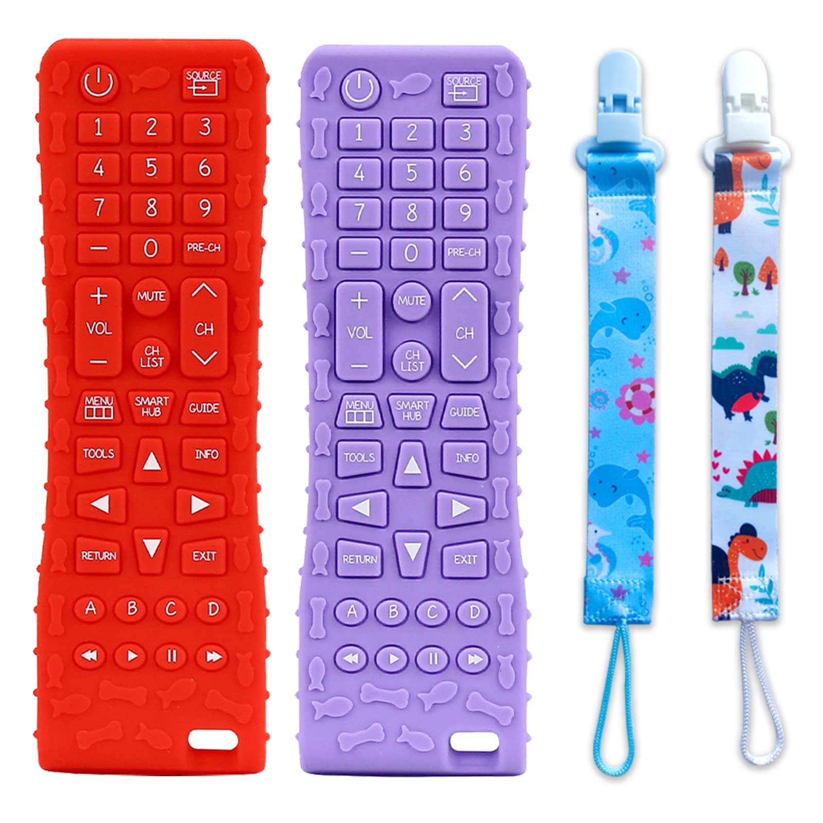 FATEORT 2-Pack Baby Teething Toys for 0-3-6-12 Months,Pressable Remote Control Chew Toys for Babies 0 3 6 9 12 18 Months (Red + Purple)