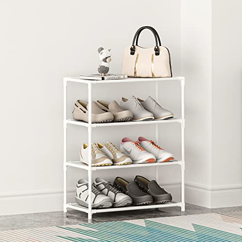 Vockot Small Shoe Rack 6-8 Pairs Sturdy Shoe Shelf 4-Tiers Narrow Stackable Shoe Organizer,Lightweight Kids Shoe Racks for Entryway, Doorway and Closet(White)