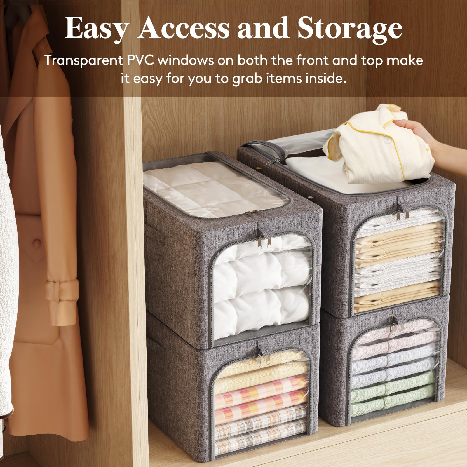 Lifewit 6 Pack Clothes Storage Bins with Metal Frame, Foldable Clothing Storage Bins with Lids, 40L Stackable Storage Box Storage Bags Fabric Bins Organizer with Clear Window& Zippers& Sturdy Handles