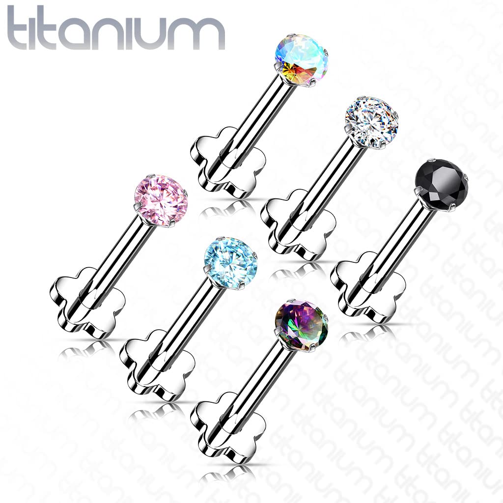 Dynamique Implant Grade Titanium Threadless Push In Flower Base Labret, Flat Back Studs With CZ Prong Set Top For Cartilage, Monroe, Nose (Sold Per Piece)