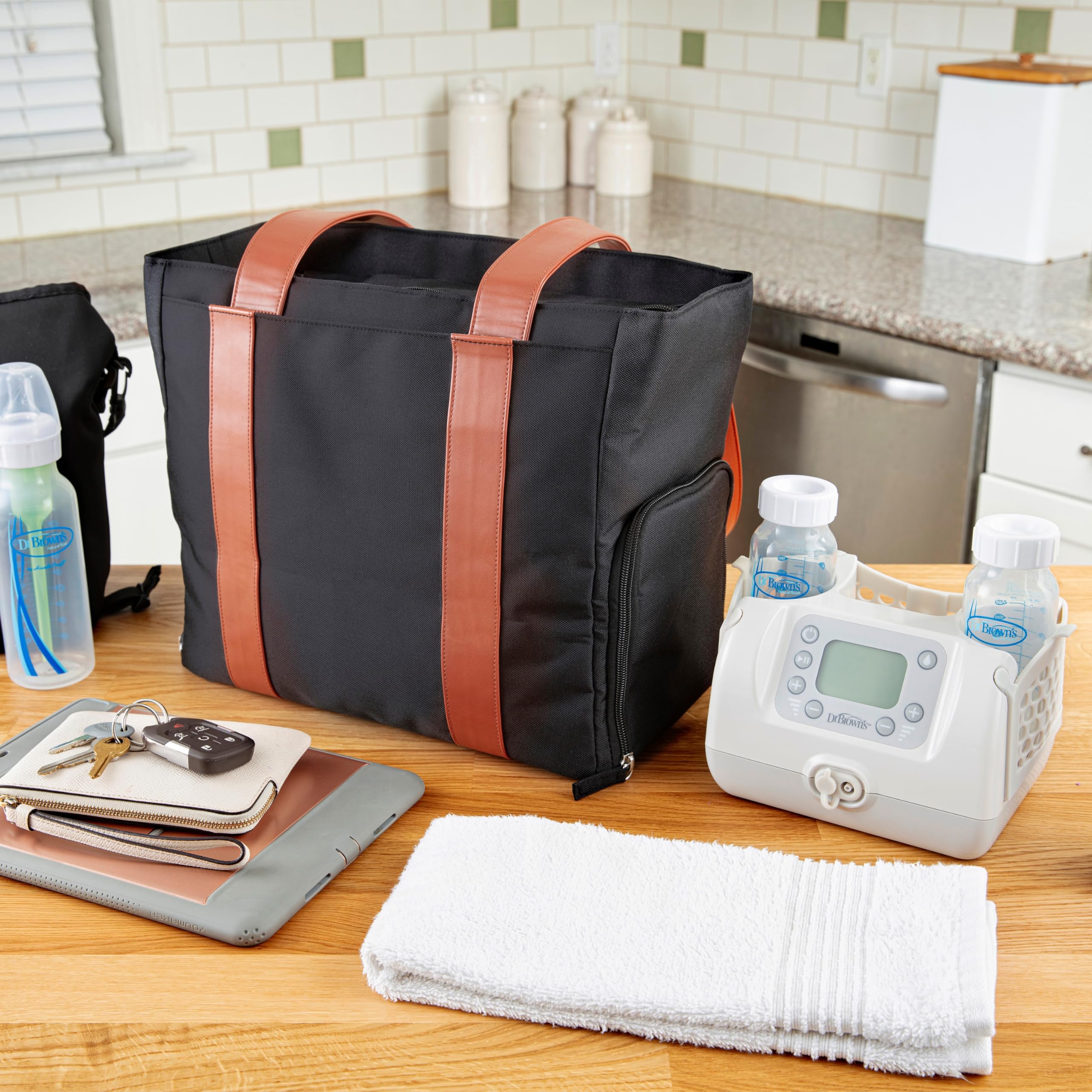 Dr. Brown's Breast Pump Carryall Storage Diaper and Tote Bag - Heather Gray and Black