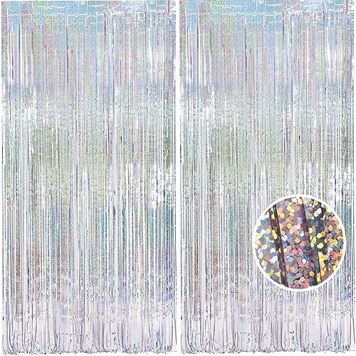 MALANKU 2 Pack Silver Tinsel Curtain Backdrop Party Decorations - 3.3 x 8.2ft Foil Fringe Curtain Streamers Backdrop for Birthday Christmas Graduation Bachelorette Frozen Disco Prom Party Decorations