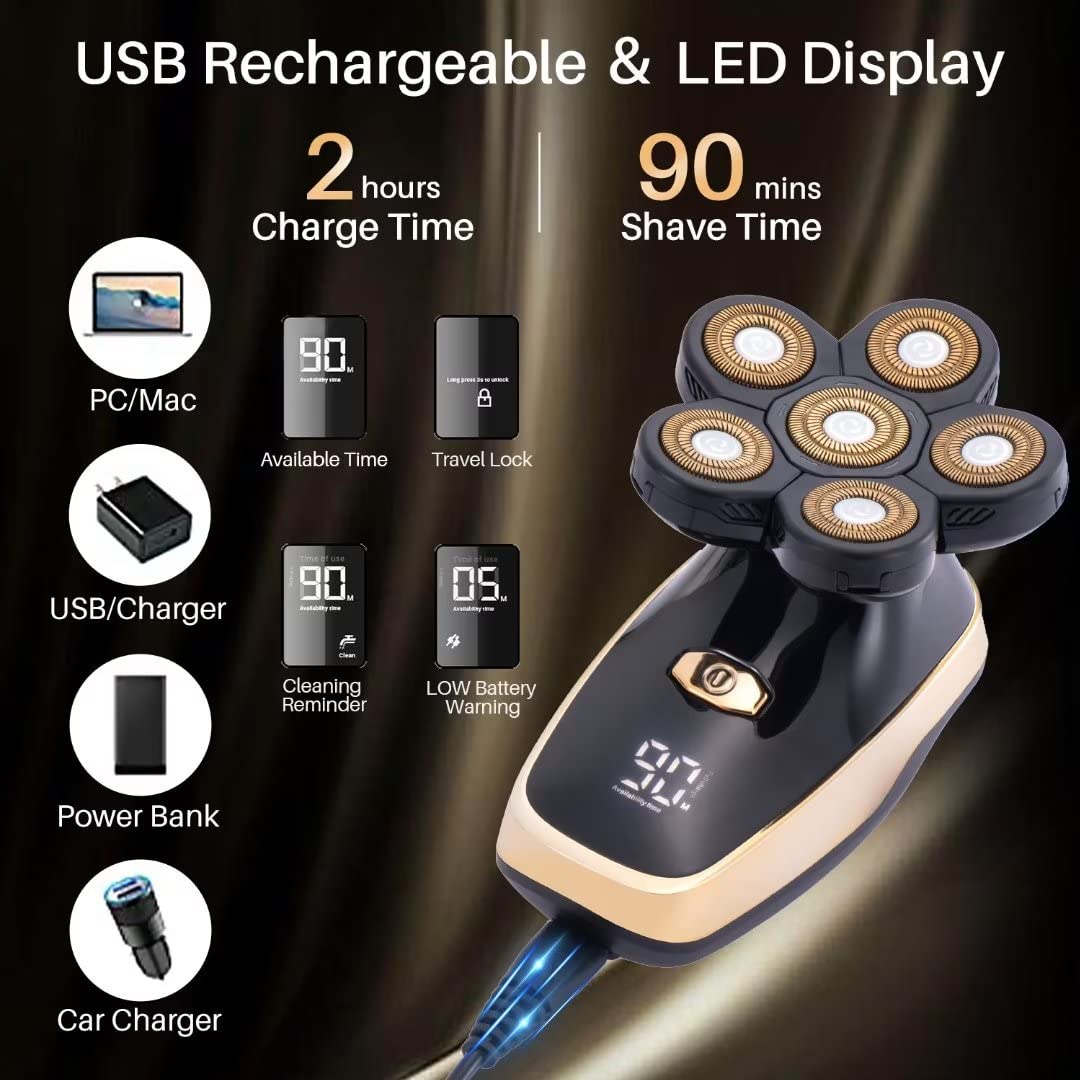 Head Shavers for Bald Men Multifunctional Electric Razor Rotary Electric Shavers Waterproof Mens Head Shaver Rechargeable Razors for Bald Man Cordless Shaver for Men