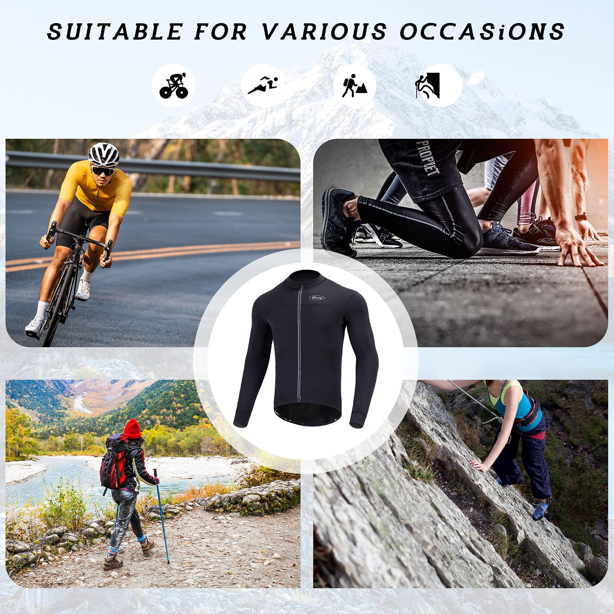 Dooy Men's Cycling Bike Jersey Winter Thermal Biking Shirt Long Sleeve Bicycle Jacket with Full Zipper and Rear Pockets(New Black,Large)