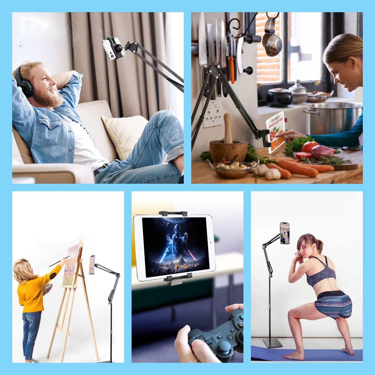 iPad Tablet Holder for Bed - Arm Height Adjustable Tablet Floor Stand Metal 360° Rotating iPad Clamp Mount for iPad Pro, iPad Air, iPad Mini, Kindle Reading and Other 4.7~12.9'' Phones and Tablets