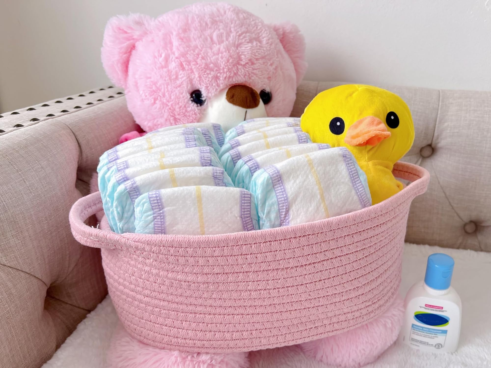 GiftExpress Pink Woven Gift Basket, Clear Cellophane Bag & Ribbon - 13" x 8" x 5" Cotton Rope Empty Decorative Gifting Basket - Cute Soft Organizing Raffle Storage Bin w/ Handles