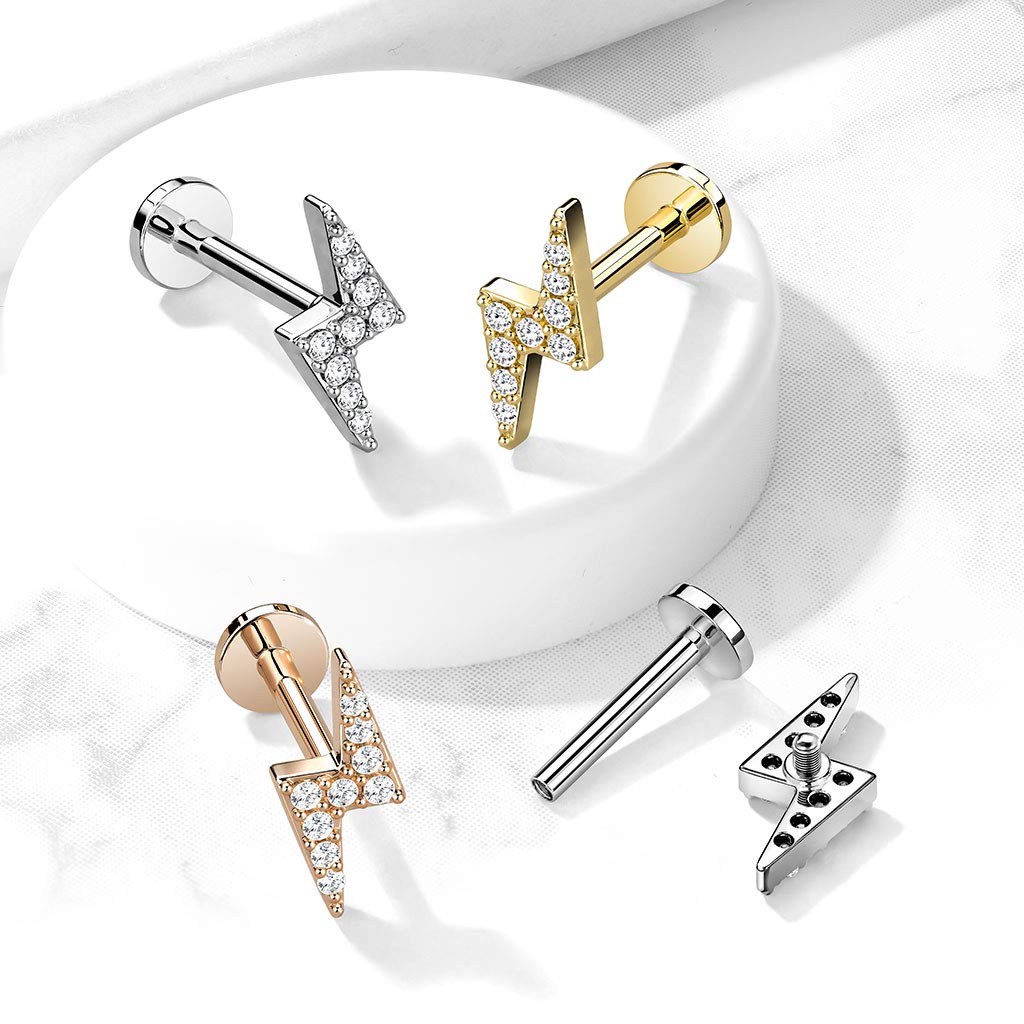 Dynamique Paved Round CZ Lightning Bolt Top On Internally Threaded 316L Surgical Steel Flat Back Studs For Cartilage And Labret (Sold Per Piece)