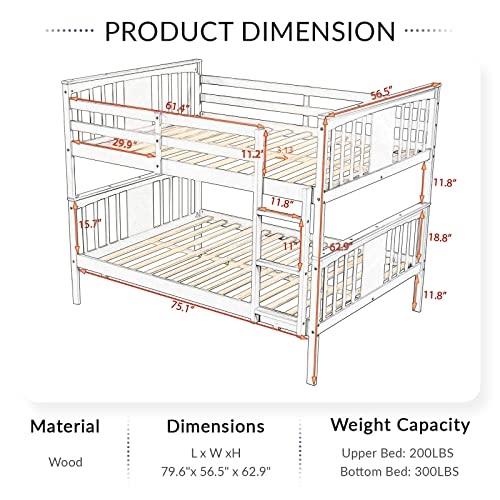 Voohek Full Over Full Bunk Bed with Ladder, Wood Bedframe Full-Length Guardrail for Kids, Teens, Bedroom, Home Furniture, No Box Spring Required, Gray