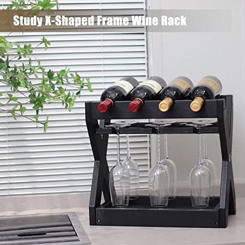 KORVOS Countertop Wine Racks with Glass Holder,4 Bottles Small Wine Rack,High-Density PE Tabletop Wine Bottle Holder for Kitchen, Living Room, Wine Cellar,Bar(Black Color)