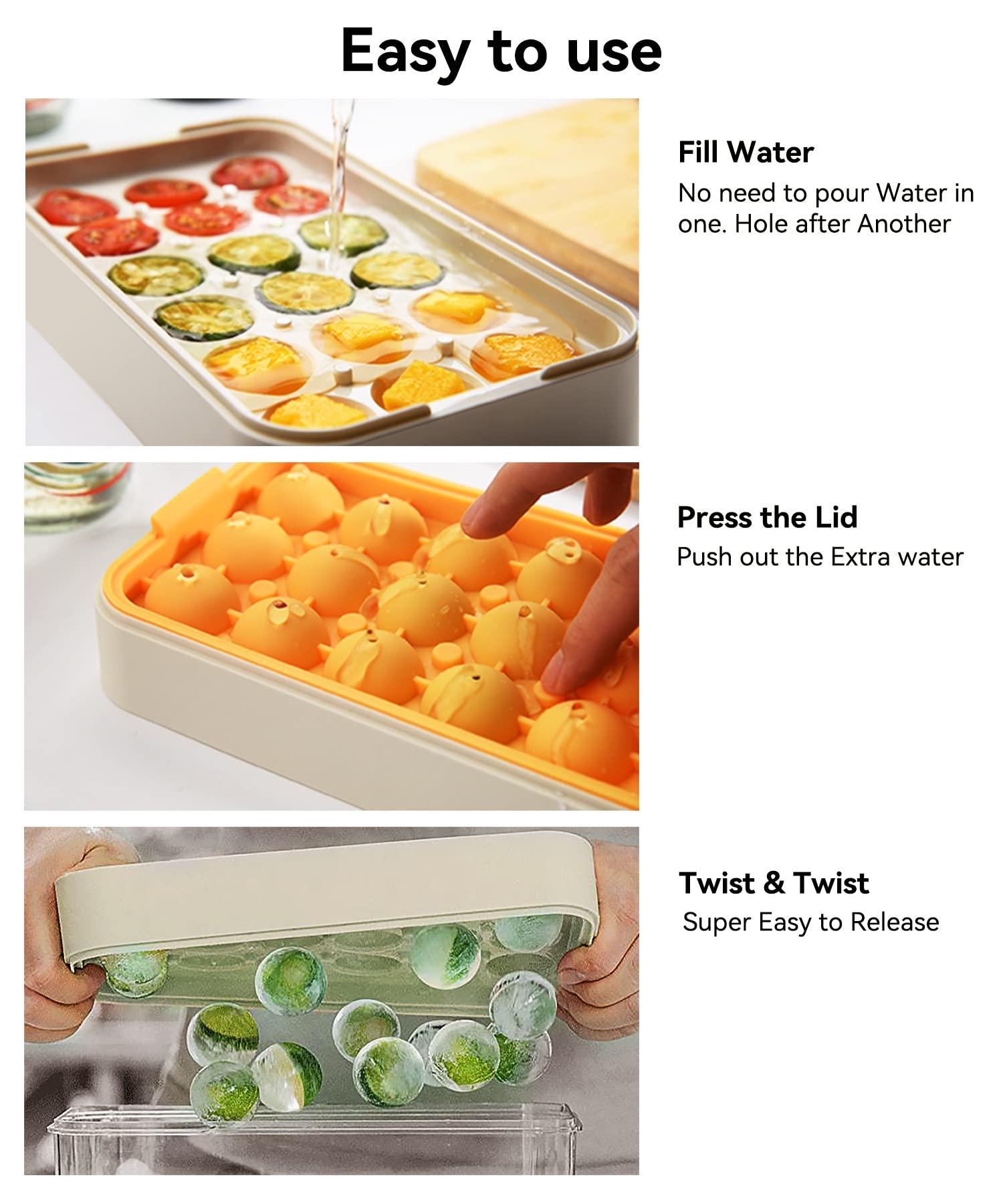 longzon Round Ice cube Trays for Freezer,Easy-Release Silicone,Circle Ice cube tray Making Sphere Ice with Removable Lid,BPA Free,for Cocktail,Whiskey Tea Coffee 2 Trays 1 ice Bucket & Scoop [2 pack]