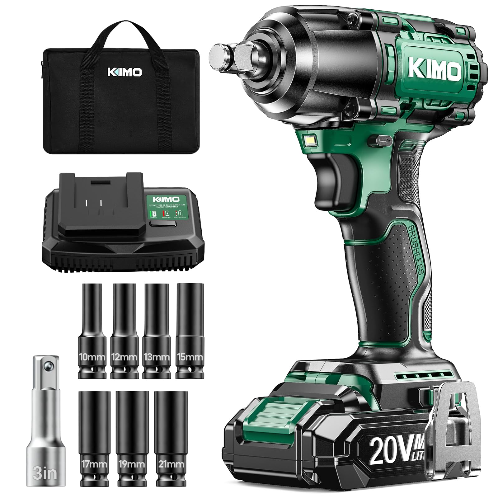 KIMO Cordless Impact Wrench 1/2", Brushless Impact Driver with 400 ft-lb Max Torque, 3000 RPM, 20V Electric Impact Wrench with 1 Hour Fast Charger & Variable Speeds, 1/2 Impact Gun for Car Home