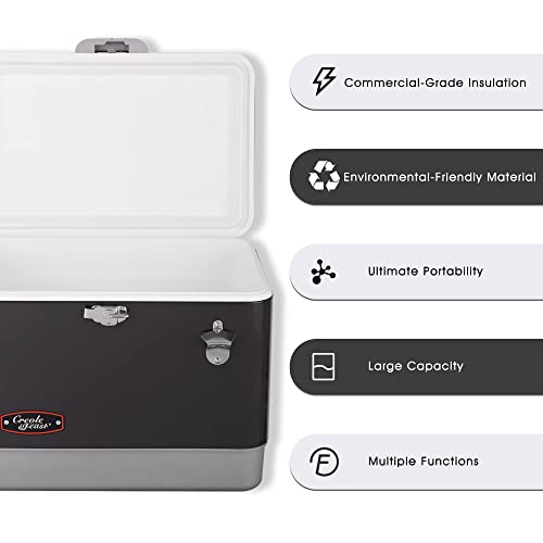 Creole Feast 54-Quart Portable Cooler, 4-Day Ice Retention Chest Box for Camping, Sports Activities, Fishing, BBQ and Beach Blast, Dark, CL5401D