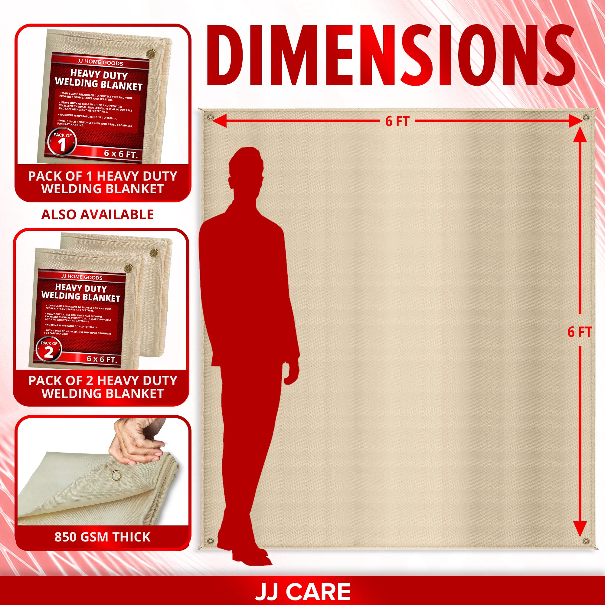 JJ CARE Welding Blanket - 1 Pack 6ft x 6ft Welding Mat - 850GSM Fiberglass Welding Blanket with Brass Grommets, Welders Blanket for Grill, Smoker Welding Blanket Heavy Duty, Welding Tarp & Shield