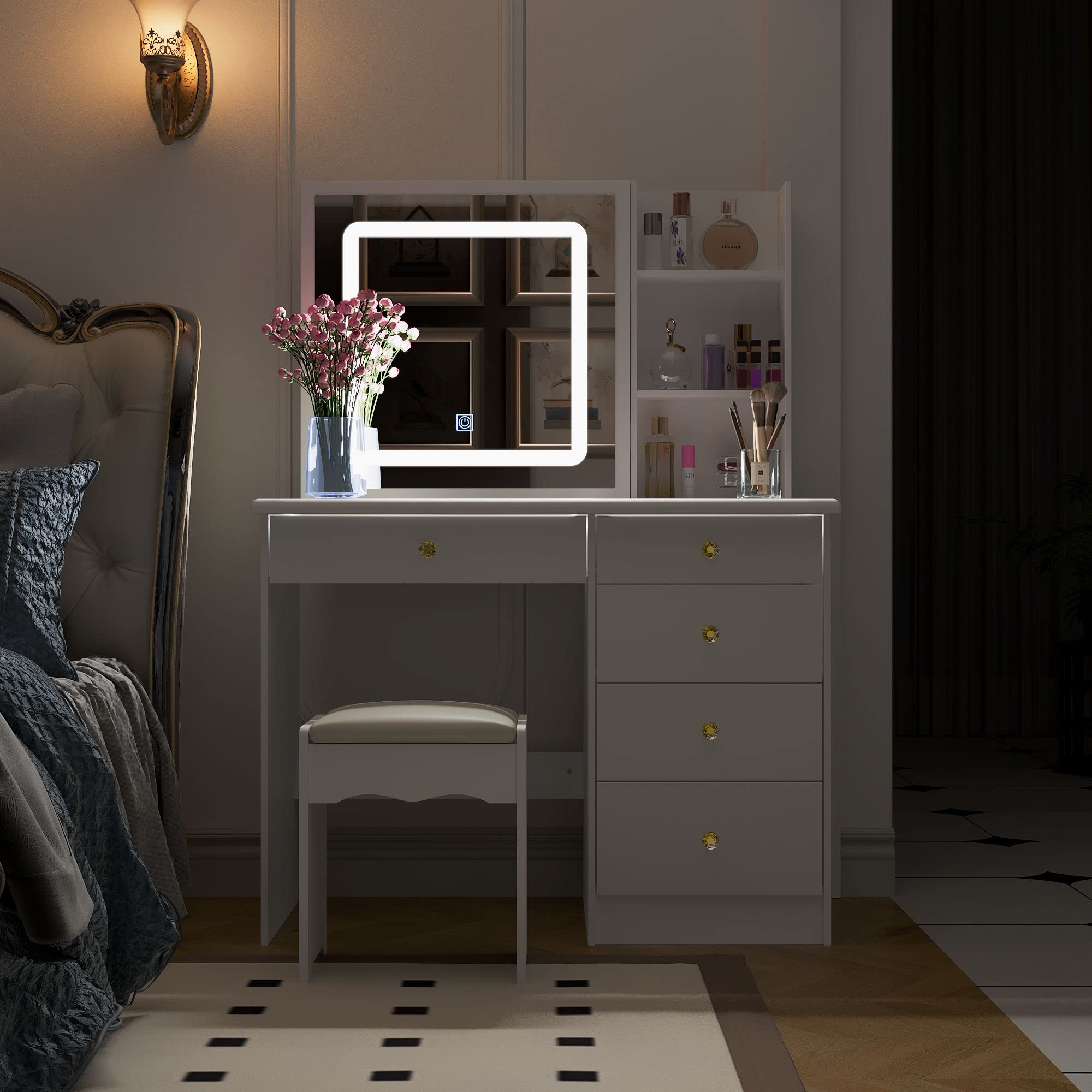 DiDuGo Vanity Desk with Mirrored Desktop & Sliding Lighted Mirror, Vanity Set Makeup Vanity with Drawers and Shelves, Crystal Handles, Cushion Stool, White