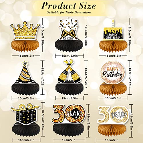 KIMOBER 9PCS 30th Birthday Honeycomb Centerpieces,Black Gold 30 Years Birthday Table Toppers for Thirty Years Birthday Party Decorations