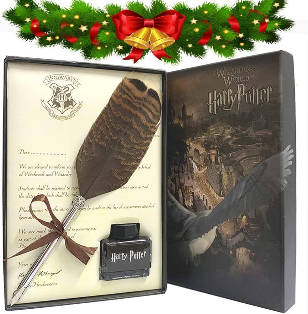 Feather Quill Pen with Ink Writing Dip Ink Pen Quill Pen with Ink Metal Nib Calligraphy Pen Gift Set for Kids