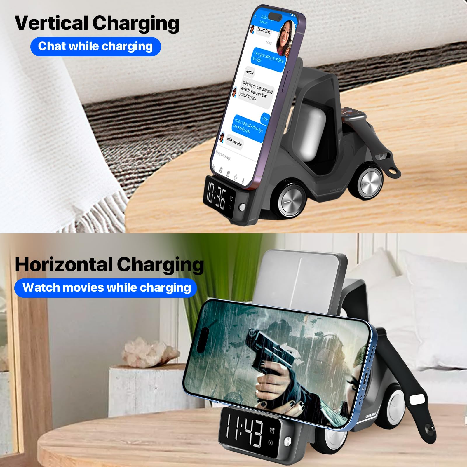 Diecallan 5 in 1 Wireless Charging Station 20W Adapter Fast Wireless Charging Apple Devices for iPhone 15/14/13/12 Series for AirPods Pro/3/2,for Apple Watch/iWatch Support Alarm Clock Light(Grey)