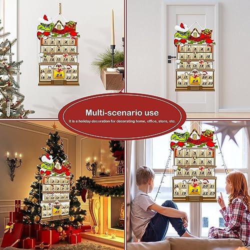 KOUPA Hanging Christmas Countdown Advent Calendar, Santa Grinch Green Haired Monster Decoration, Reusable Xmas Gift for Holiday Party Winter
