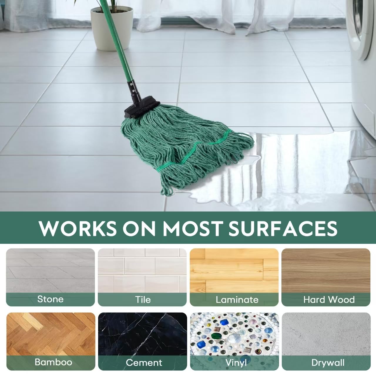 Matthew Large Heavy Duty Mop Head Commercial Replacement for General and Floor Cleaning, Screw-on Wet Industrial Cotton Looped End String Head Refill (Green 2Pack) w/Built-in Flexible Bristle Brush