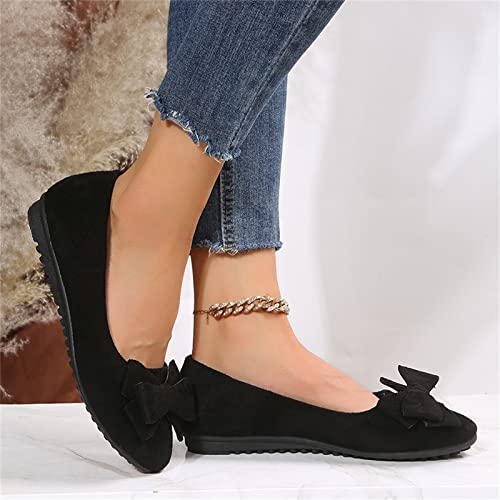 FASDNENDYS Ladies Fashion Solid Color Flock Bow Round Toe Comfortable Flat Casual Shoes Casual Flat Leather Shoes for Men Black