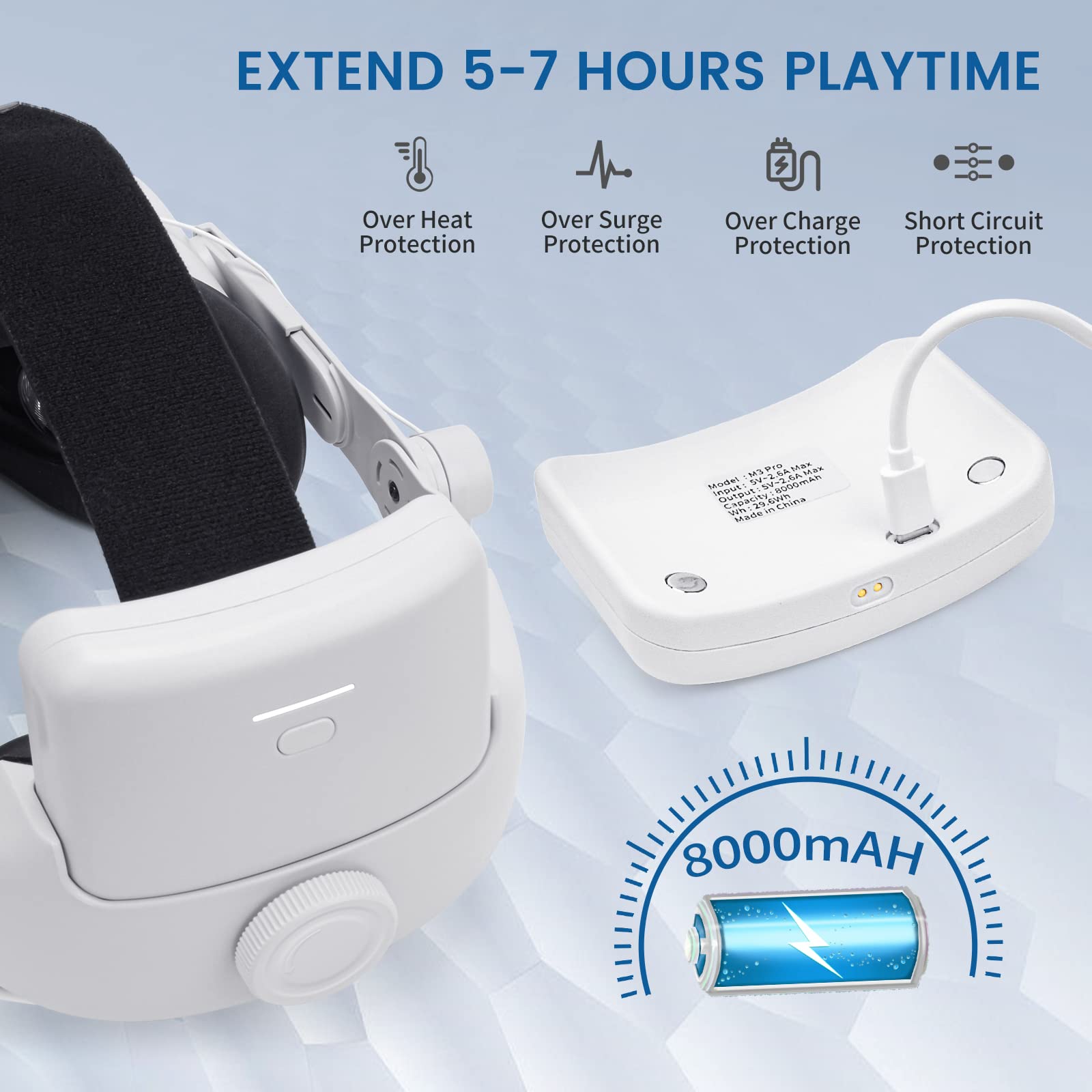 Headphone Head Strap with Battery for Oculus/Meta Quest 2,M3 Plus On-Ear Audio Elite Strap with 8000mAh Battery Pack,Extend Playtime & Enhanced Sound Effects & Balance Weight Design
