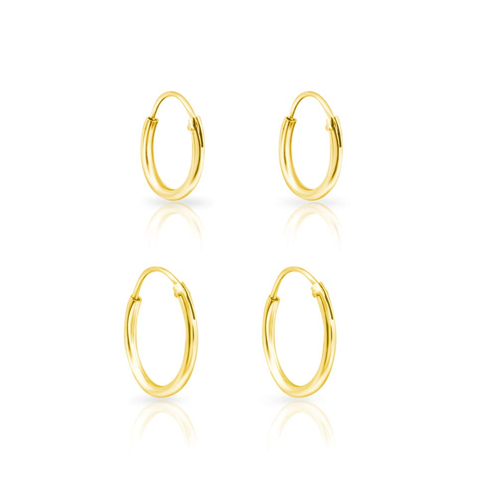 DTPsilver Set of 2 PAIRS of VERY TINY Endless Hoops/Sleepers 925 Sterling Silver 24K Yellow Gold Plated Earrings - Thickness 1.5 mm - Outer Diameter: 10+12 mm