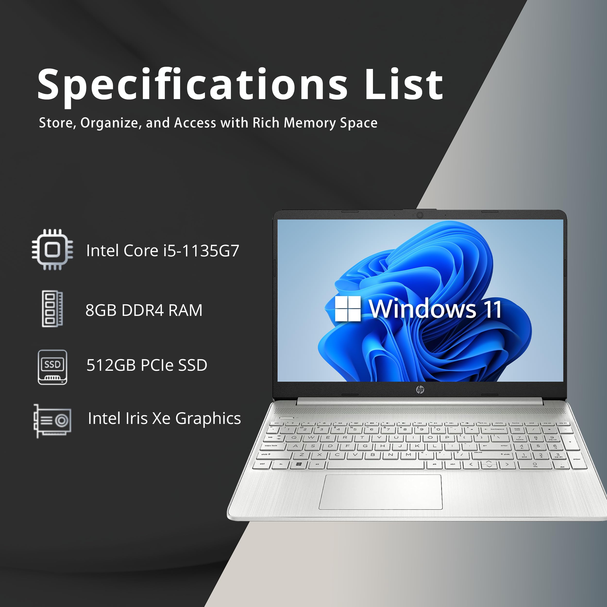 HP 15.6" Touchscreen Laptop, Intel 11th Generation Core i5-1135G7, 8GB RAM, 512GB PCIe SSD, Intel Iris Xe Graphics, 720P HD Camera, Windows 11, Natural Silver, 32GB Hotface USB Card