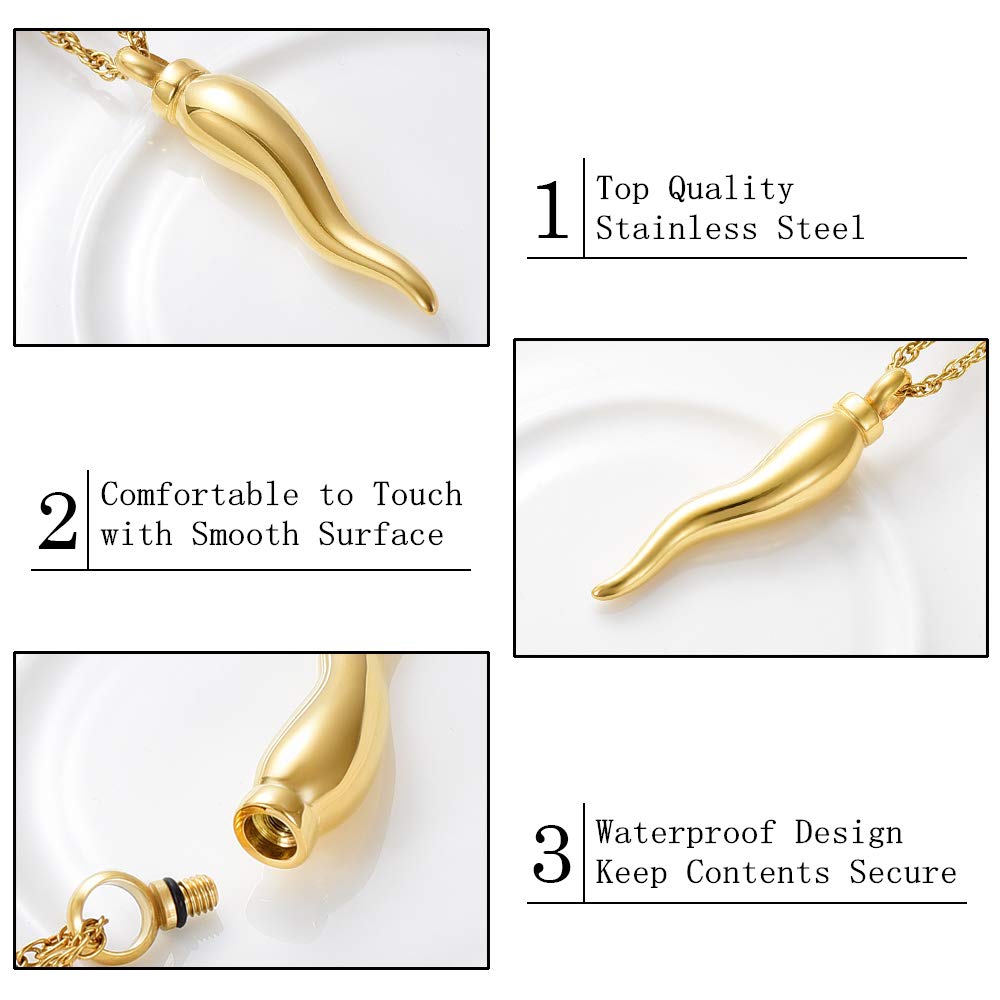 Cremation Jewelry Italian Horn Urn Necklaces for Ashes for Women Men Memorial Keepsake Necklace for Human Pet Ashes (Gold)