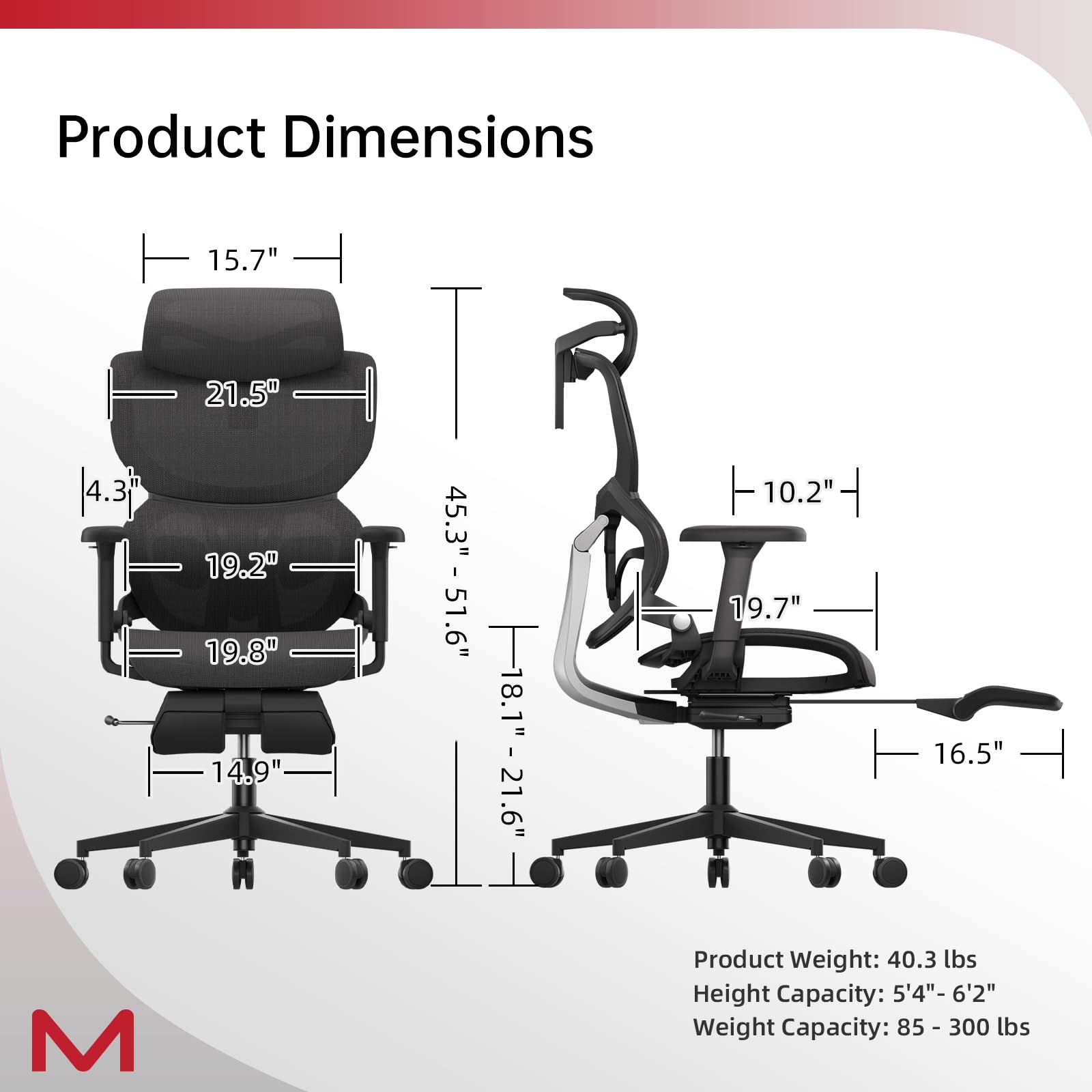 Motostuhl Q3-MT Ergonomic Office Chair with Footrest Home Office Ergonomic Chair with Soft Rubber Lumbar Support Extra Large 2D Headrest & 3D Armrest 140° Tilting Mesh Computer Chair
