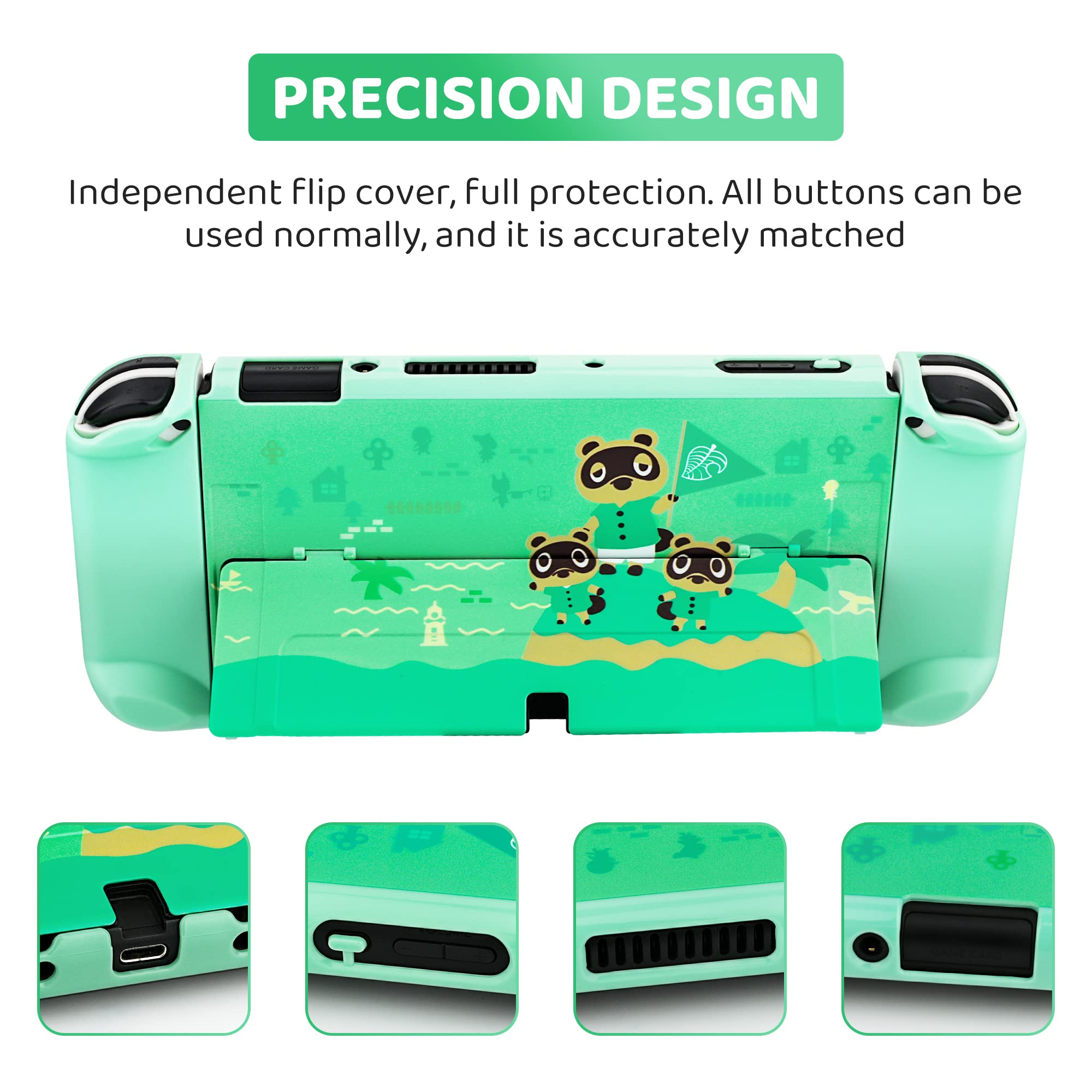 GLDRAM Cute Case Compatible for Nintendo Switch OLED Cover, Green Protective Case for Switch OLED Console and Joy Con Controller, Hard PC Shell with 2 Thumb Grip Caps - for Animal Crossing Island