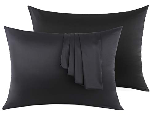 Natural Silk Pillowcase Set of 2 for Hair &Skin - Both Sides 19 Momme 600 Thread Count with Hidden Zipper (Black, Standard)