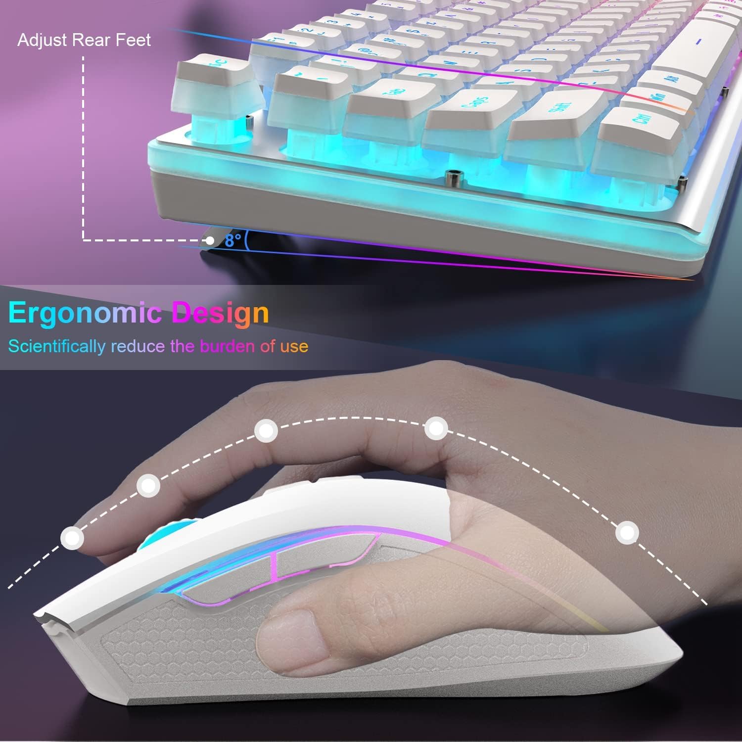 FELICON L96 Wireless Keyboard Mouse Combo, 3650mAh Rechargeable RGB Full Size Keyboard with Pudding Keycaps, Ergonomic Mechanical Feel 4800 DPi Rainbow Led Mute Mouse 2.4G USB for PC/Mac(White)